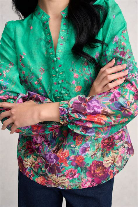 Cotton Silk Blouse Jade Botanical Print Blue Illusion