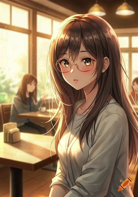 An Anime Girl With Long Brown Hair And Glasses Looks Towards The Viewer