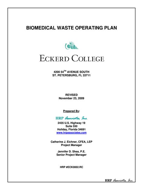 Eckerd College Biomedical Waste Operating Plan Form Fill Online