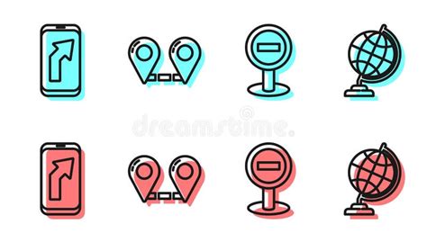 Set Line Stop Sign City Map Navigation Route Location And Earth Globe Icon Vector Stock
