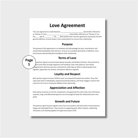 Love Agreement Customizable Relationship Responsibilities Form