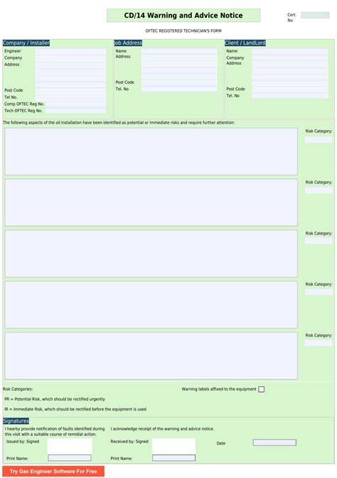 Cd14 Oil Warning And Advice Notice Free Pdf Template Gas Engineer