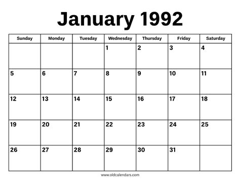 January 1992 Calendar Printable Old Calendars