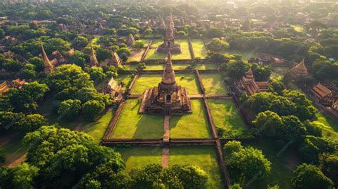 Aerial View Of Ayutthaya Historical Park With Its Gridlike Layout Of