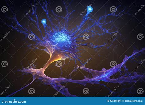 Microscopic Neuron Fractals With Blue Light Particles Generative Ai Stock Illustration