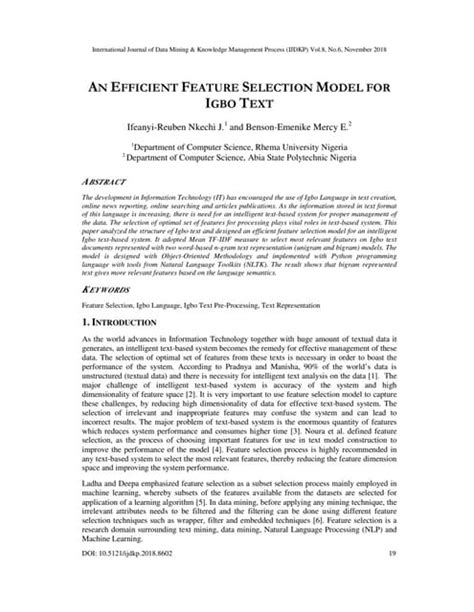 An Efficient Feature Selection Model For Igbo Text Pdf