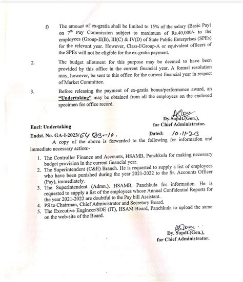 Grant Of Ex Gratia Bonus Performance Award To Employees Of Hsamb Market Committee Govt