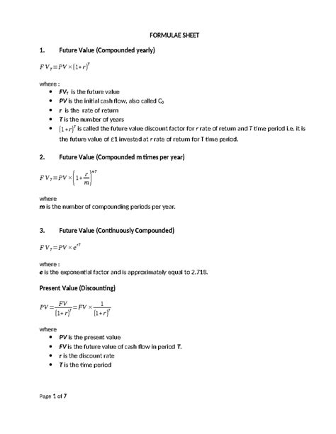 Finu9f3 Cf Formulae Sheet Formulae Sheet Future Value Compounded Yearly F V T Pv × 1 R