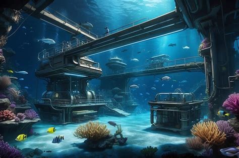 Premium Ai Image Aquatic Workshop Symbiosis Of Bioluminescent Machinery And Oceanic Currents