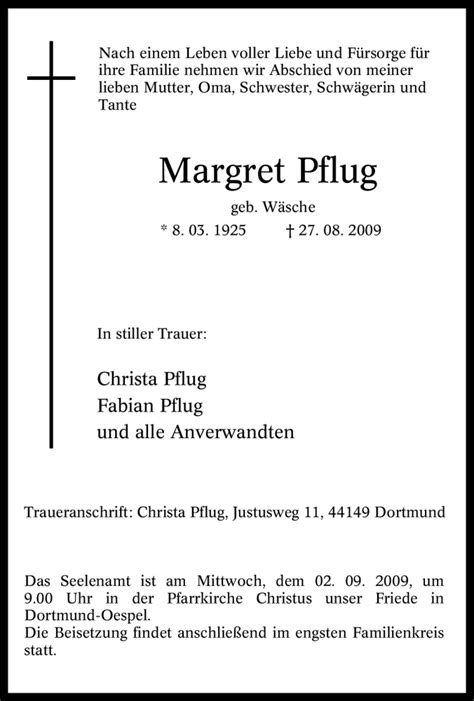 Traueranzeigen Von Margret Pflug Trauer In Nrwde