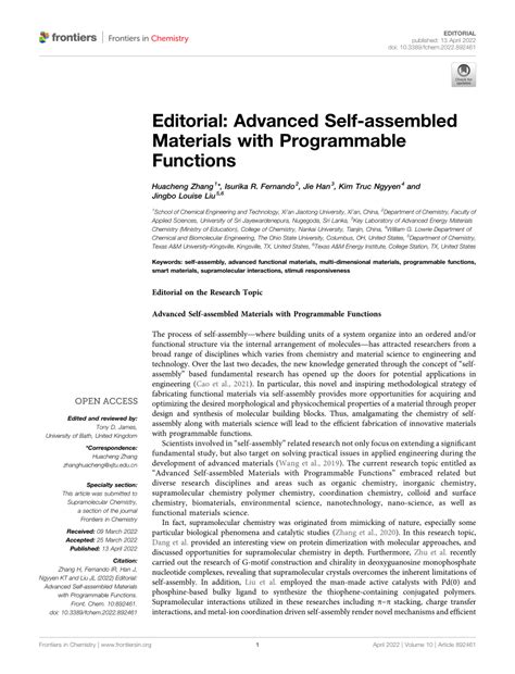 Pdf Editorial Advanced Self Assembled Materials With Programmable Functions