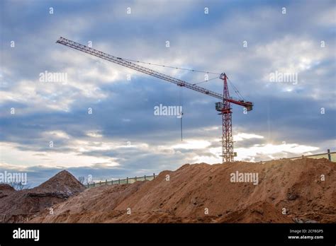 Tower Crane At Construction Site On Blue Sky Background Construction Crane Constructing A New