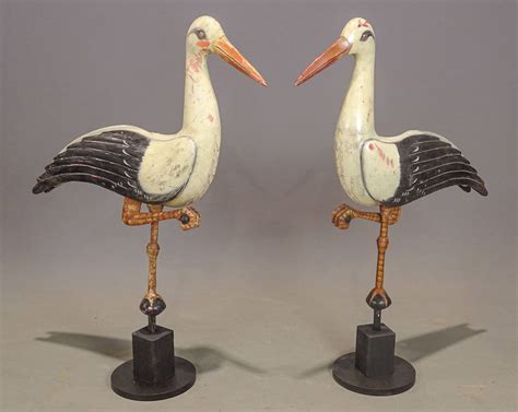 Pair Carved Wooden Storks Auction