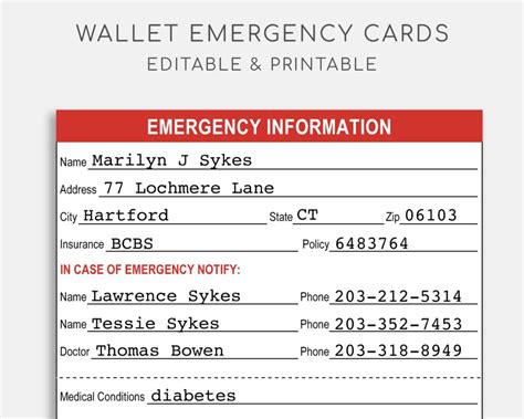 Wallet Printable Emergency Card Template Fillable Form 2025