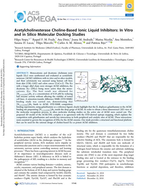Pdf Acetylcholinesterase Choline Based Ionic Liquid Inhibitors In