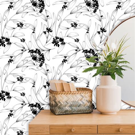 Floral Wallpaper Botanical Wallpaper Black And White Etsy