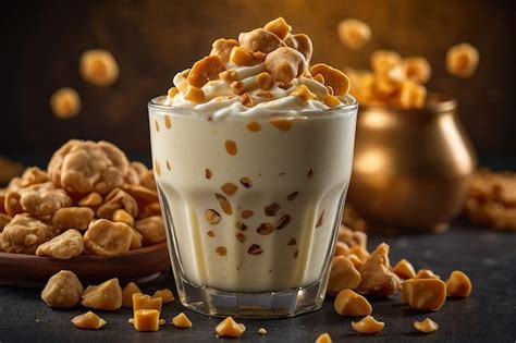 Premium Photo Creamy Butterscotch Lassi With Butterscotch Chips