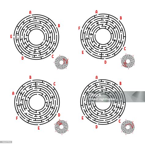 둥근 미로 의 집합입니다 아이들을위한 게임 아이들을위한 퍼즐 미로 수수께끼 흰색 배경에 격리된 플랫 벡터 그림입니다 대답과 함께