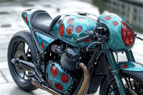 Custom Teal Motorcycle With Red Dot Design Detailed Close Up Stock