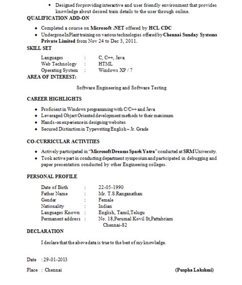 Fresher Resume Format IT Professional