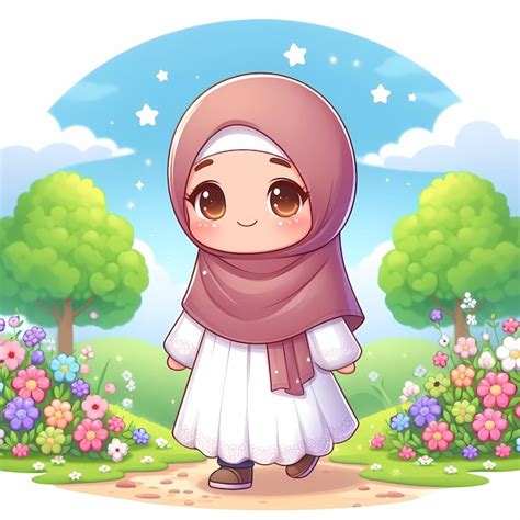 Cute Hijabi Girl Walking In A Beautiful Garden Illustration Premium