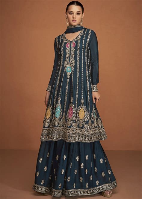Teal Embroidered Gharara Style Suit Salwar Kameez Designer Collection