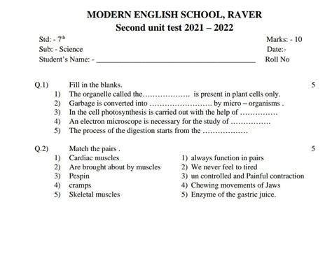 Second Unit Test 2021 22 Science Subjective Test Teachmint