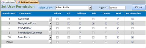 set user permission on each form