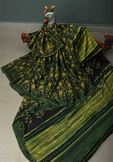 Henna Green Vanaspati Hand Block Print On Modal Silk Saree Shobitam