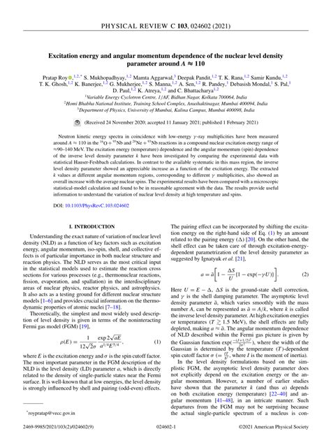 Pdf Excitation Energy And Angular Momentum Dependence Of The Nuclear