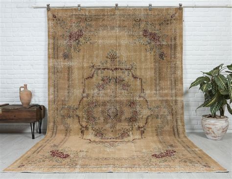 7x10 Vintage Rug Antique Handmade Rug Light Brown Turkish Area Rug