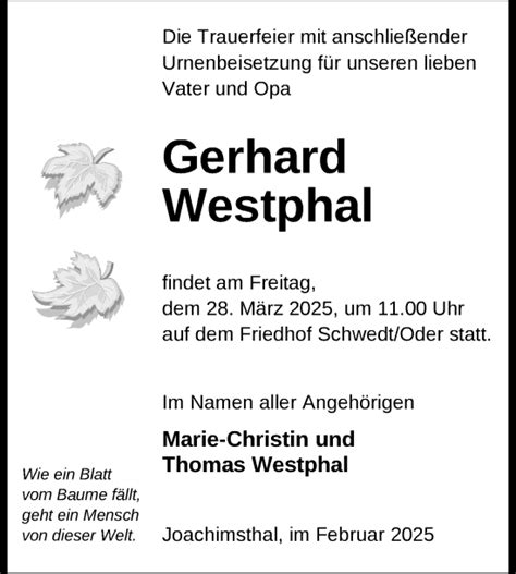 Traueranzeigen Von Gerhard Westphal Trauer Nordkurier