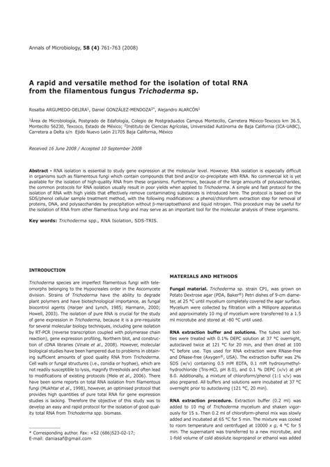 Pdf A Rapid And Versatile Method For The Isolation Of Total Rna From The Filamentous Fungus