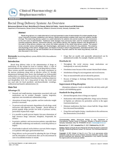 Rectal Drug Delivery System An Overview Pdf