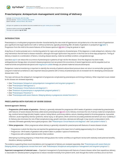 Preeclampsia Antepartum Management And Timing Of Delivery Uptodate