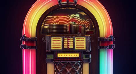 Retro Style Jukebox With A Vibrant Neon Glow Featuring A Colorful Arch Structure The Stock