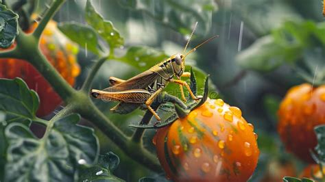 Grasshopper On A Tomato Plant In The Rain Realistic Image Stock Illustration Illustration Of