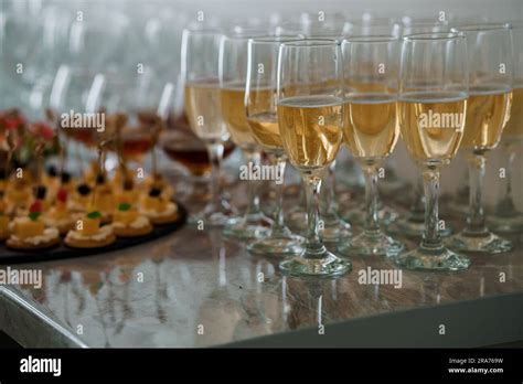 Festive Buffet Glasses Of White Champagne Glasses Of Cognac Red Wine