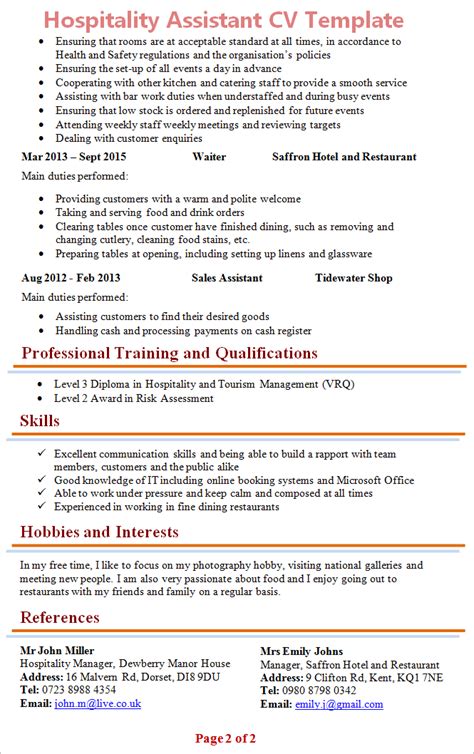 Hospitality Assistant Cv Template 2