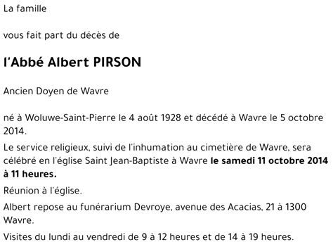 Avis De Décès De Albert Pirson Décédé Le 05102014 à Wavre Annonce