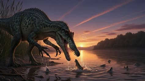 Majestic Spinosaurus Hunting Fish At Sunset By The River Prehistoric