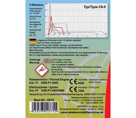 Rocket Motors And Consumables Klima Model Rocket Motors C6 5 Six Pack 18mm Klima Model