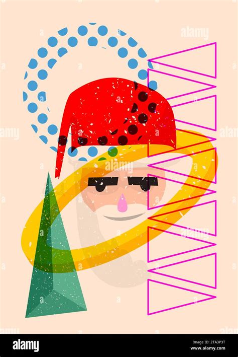 Risograph Santa Claus Head With Geometric Shapes Objects In Trendy