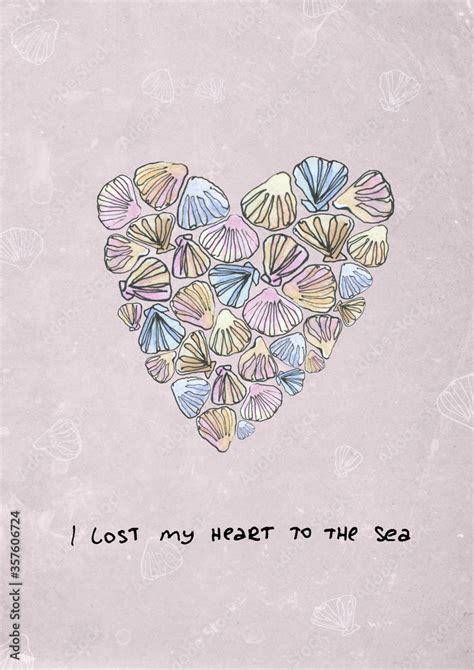 Watercolor Poster Postcard With Hand Drawn Heart From Sea Shell