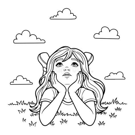Girl Lying In Grass Looking At Clouds Coloring Page Style Stock Vector Illustration Of Design
