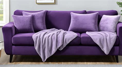 A Close Up Of A Purple Couch With Pillows And A Blanket Seaart Ai