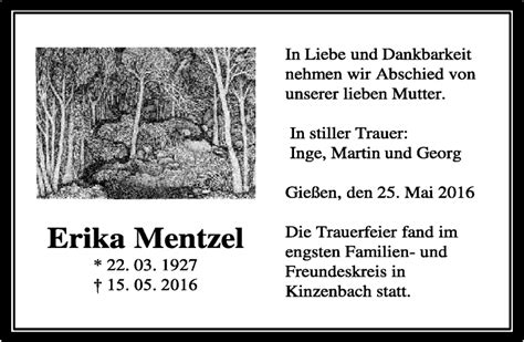 Traueranzeigen Von Erika Mentzel Vrm Trauerde