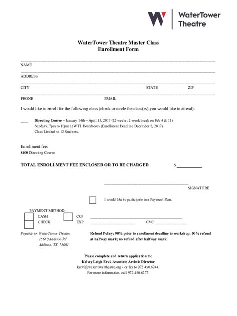 Fillable Online Watertower Theatre Master Class Enrollment Form Fax Email Print Pdffiller