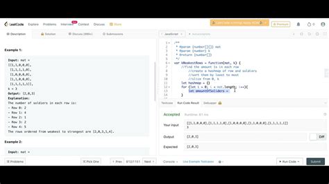 1337 the k weakest rows in a matrix leetcode javascript tutorial