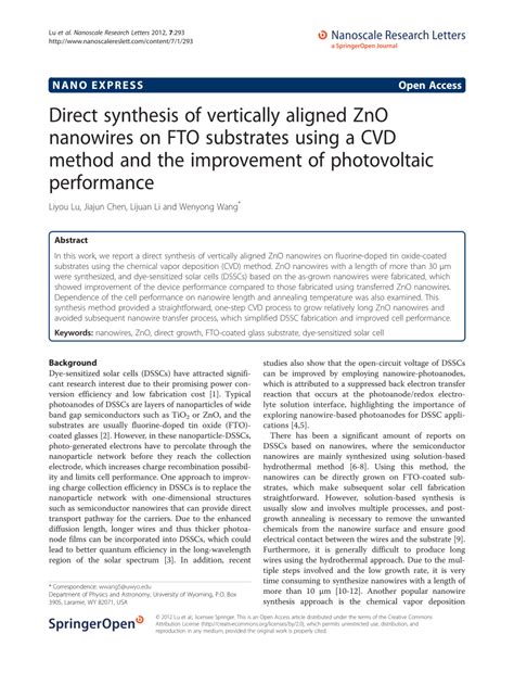 Pdf Direct Synthesis Of Vertically Aligned Zno Nanowires On Fto Substrates Using A Cvd Method